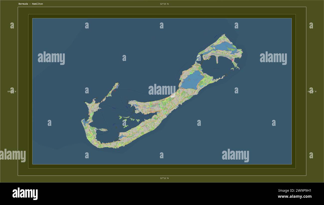 Bermuda highlighted on a topographic, OSM standard style map map with the country's capital ...