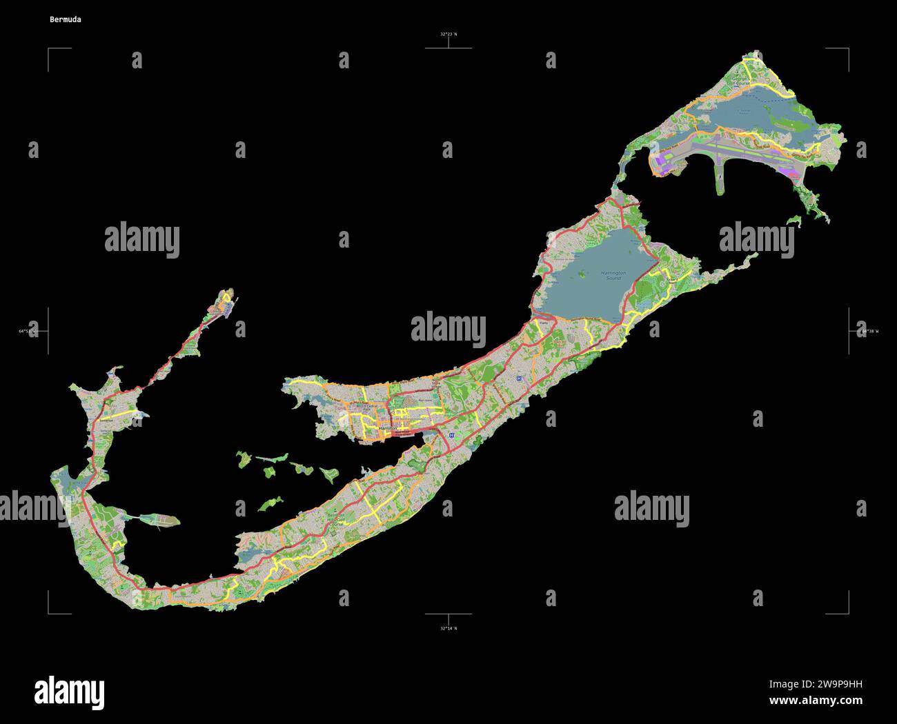 Shape of a topographic, OSM France style map of the Bermuda, with ...