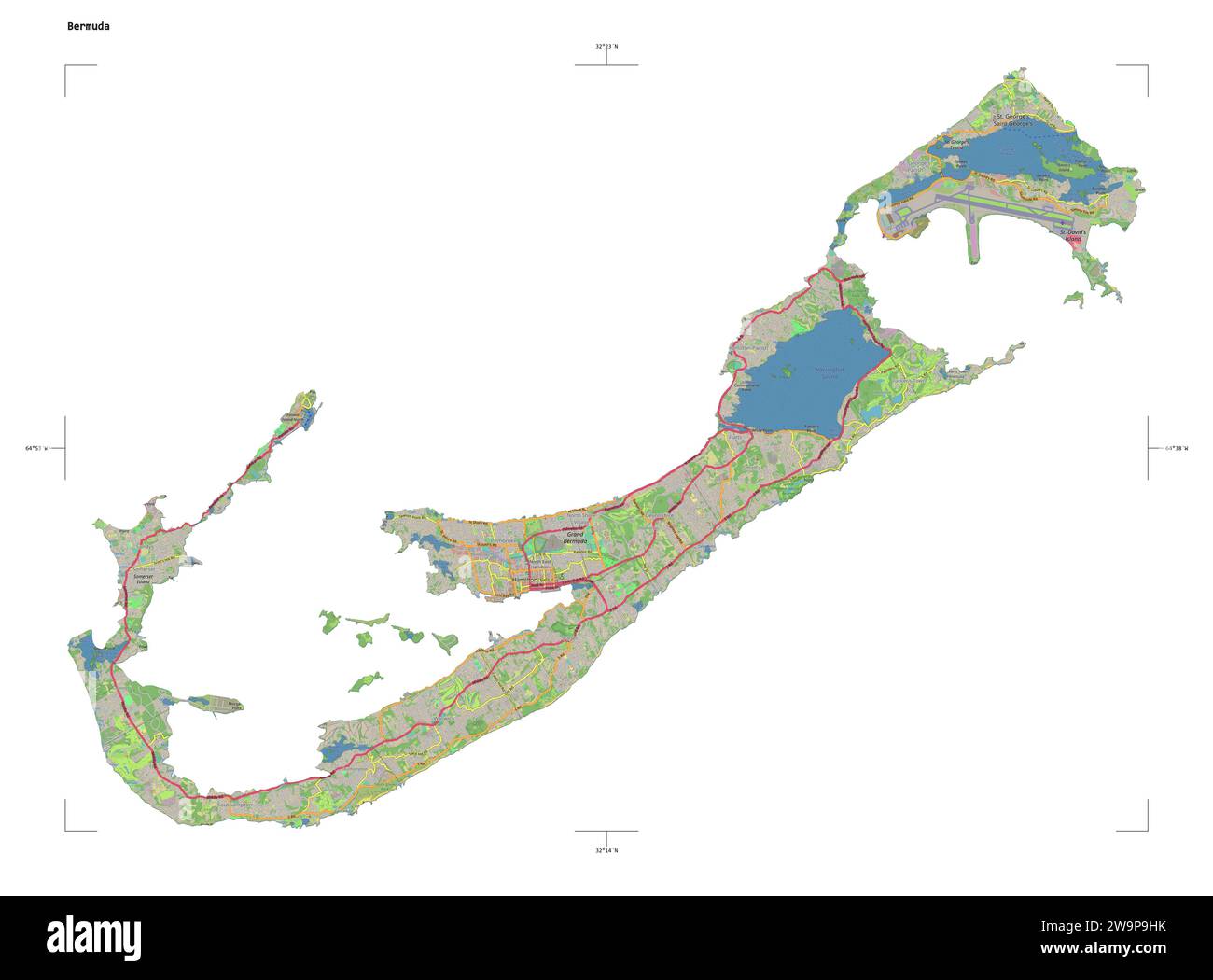Shape of a topographic, OSM Germany style map of the Bermuda, with ...