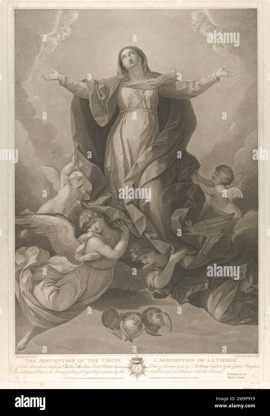 The assumption of the Virgin, who rises with arms outstretched, angels ...