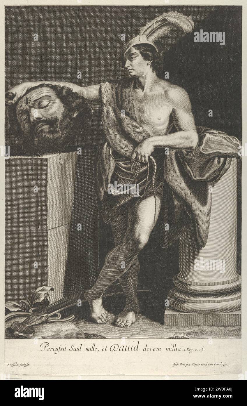 David standing with crossed legs and holding the head of Goliath on a ...