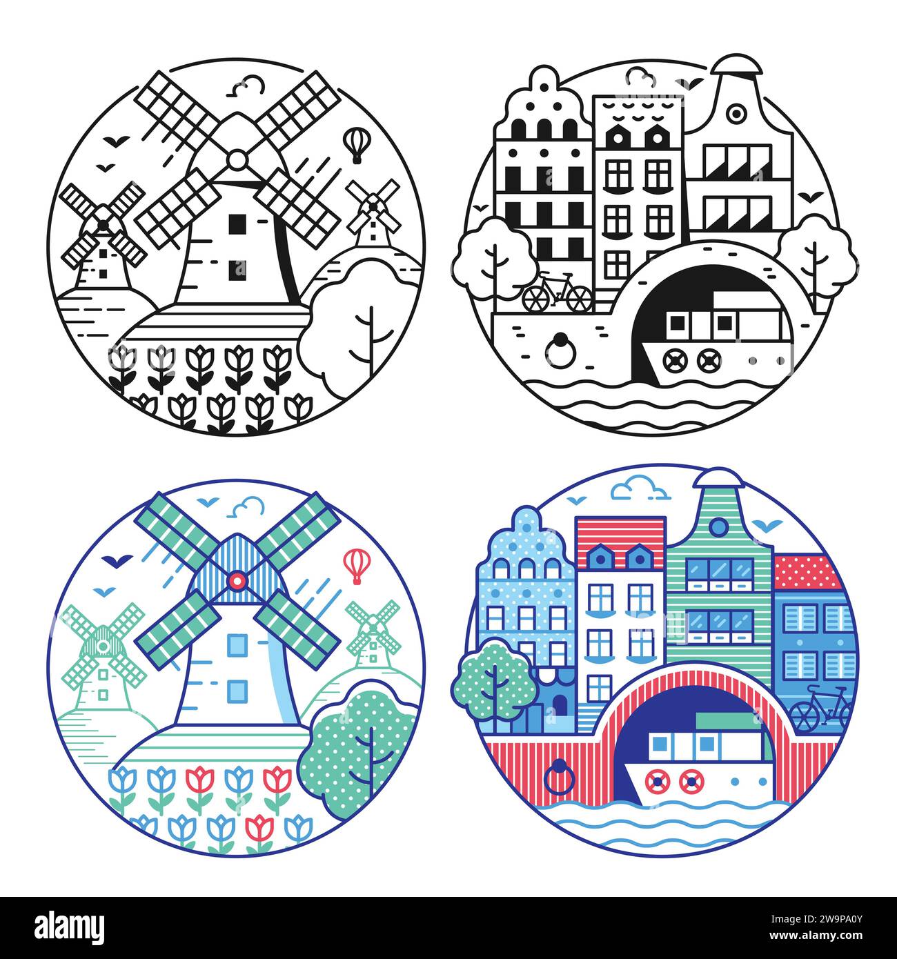 Travel Netherlands Circle Icons in Line Art Stock Vector Image & Art ...