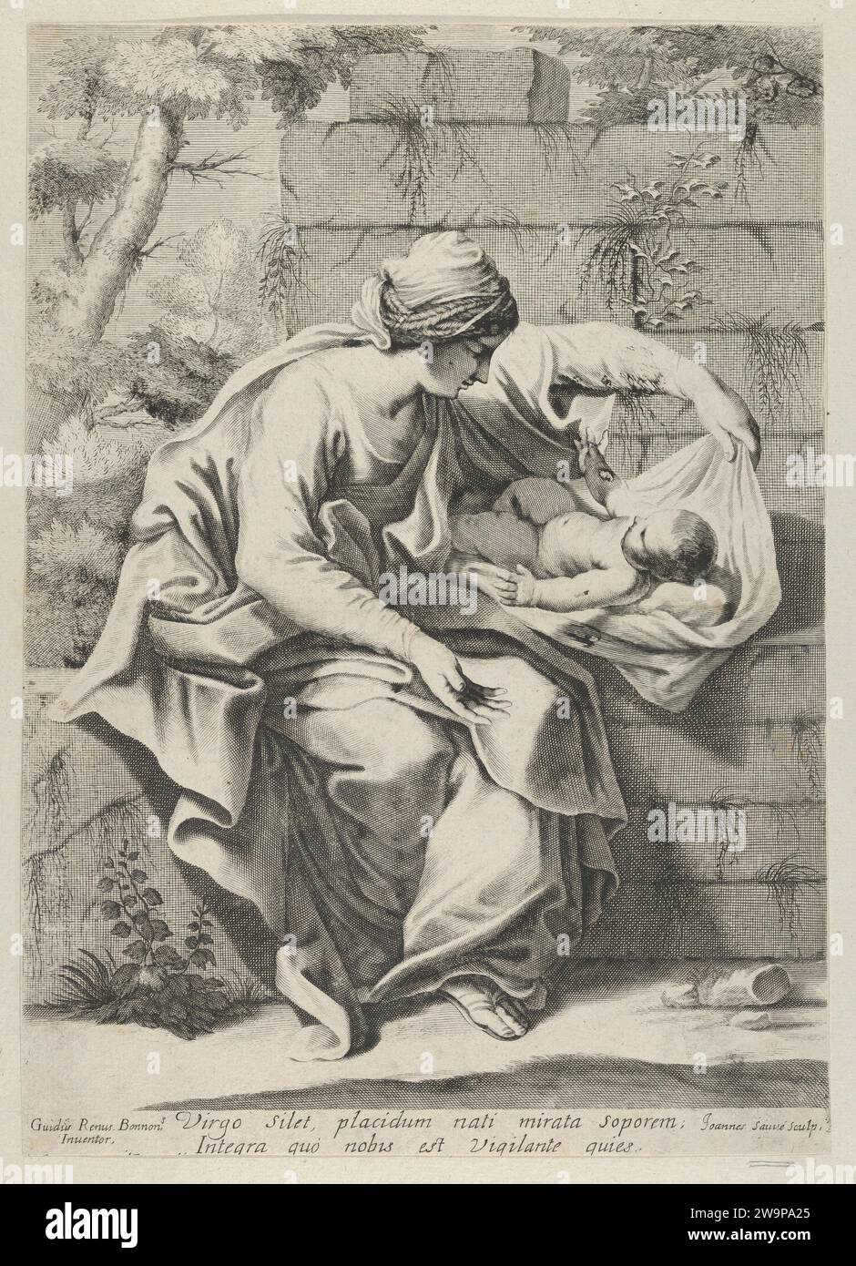 The Virgin seated on a stone ledge with the infant Christ lying on a ...