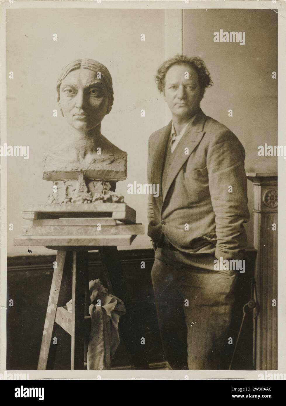 Portrait of the American sculptor Jacob Epstein with a bust of Sunita ...