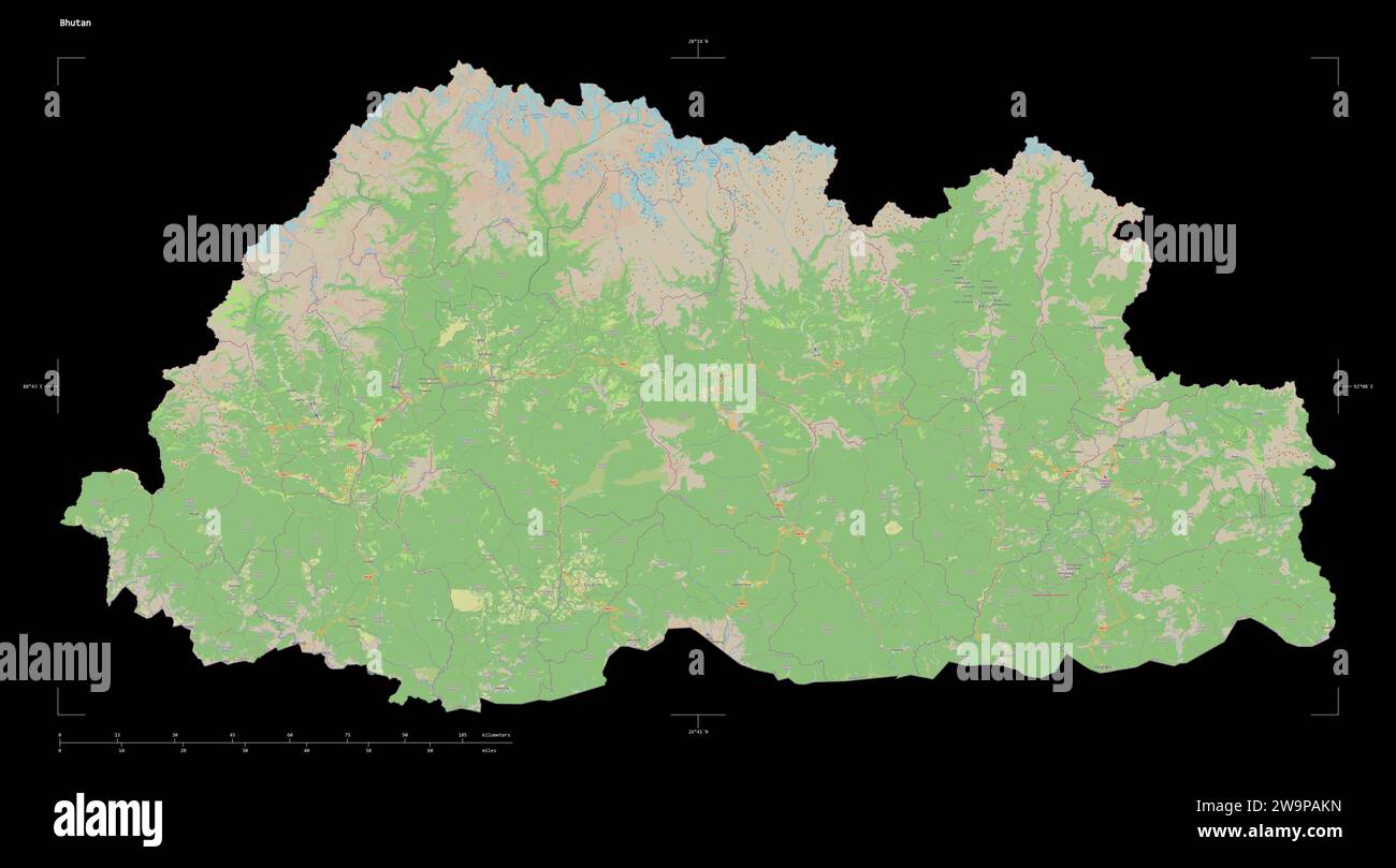 Shape of a topographic, OSM standard style map of the Bhutan, with ...
