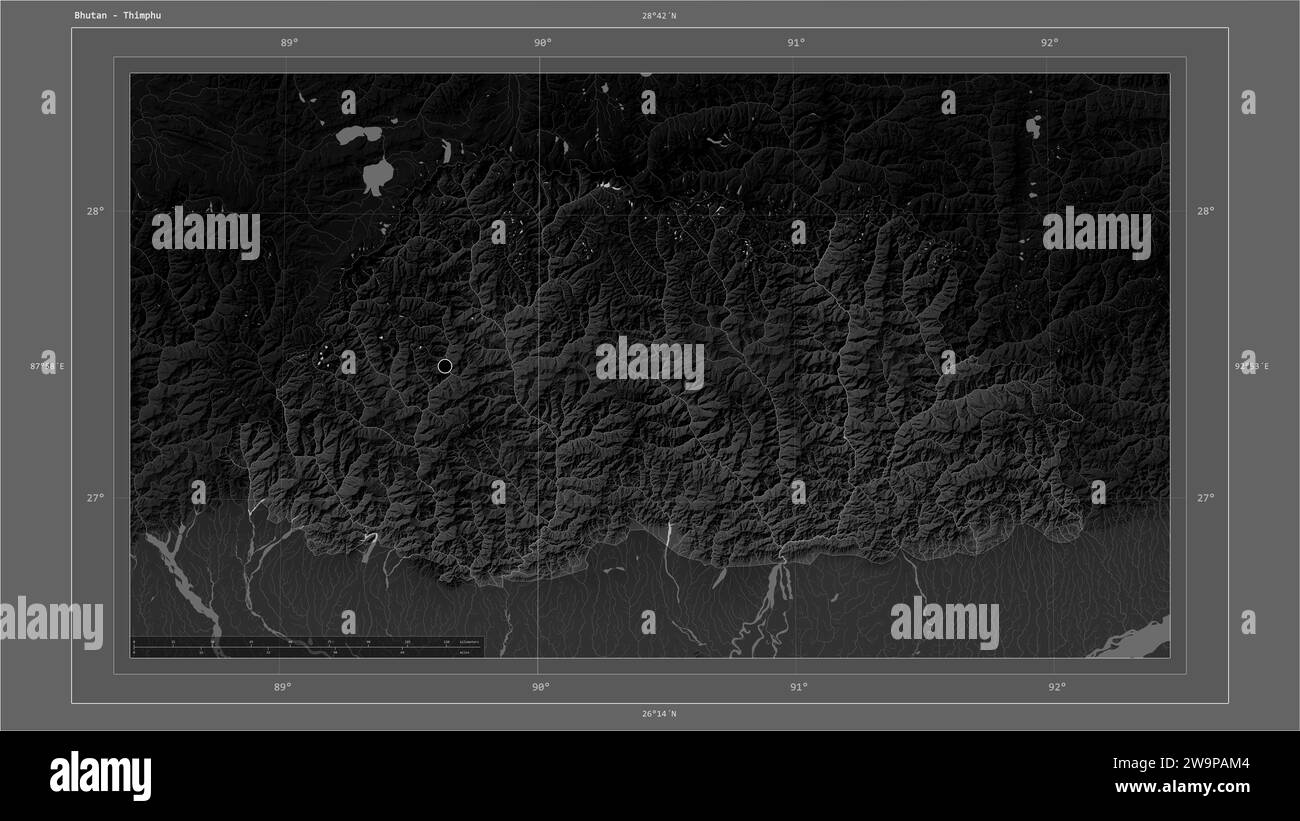 Bhutan highlighted on a Grayscale elevation map with lakes and rivers map with the country's ...