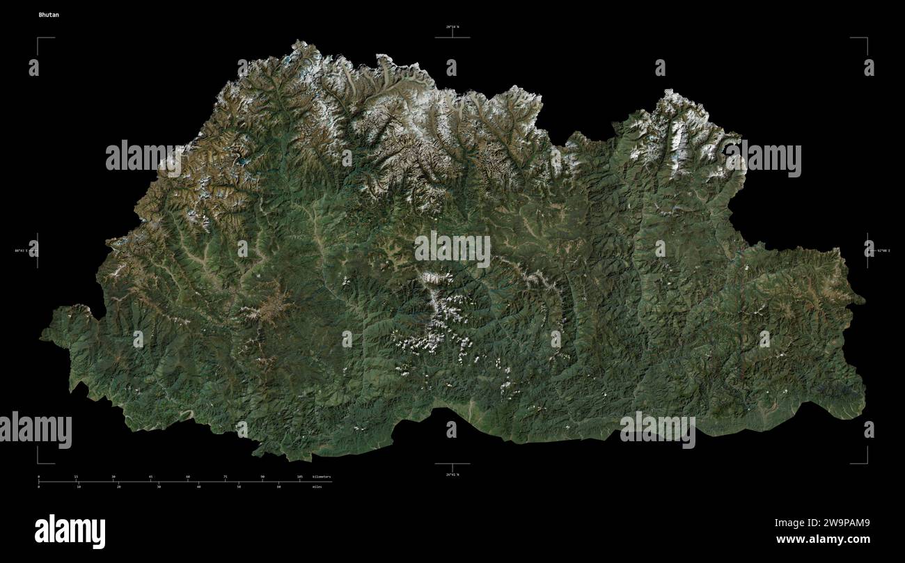 Shape of a high resolution satellite map of the Bhutan, with distance ...