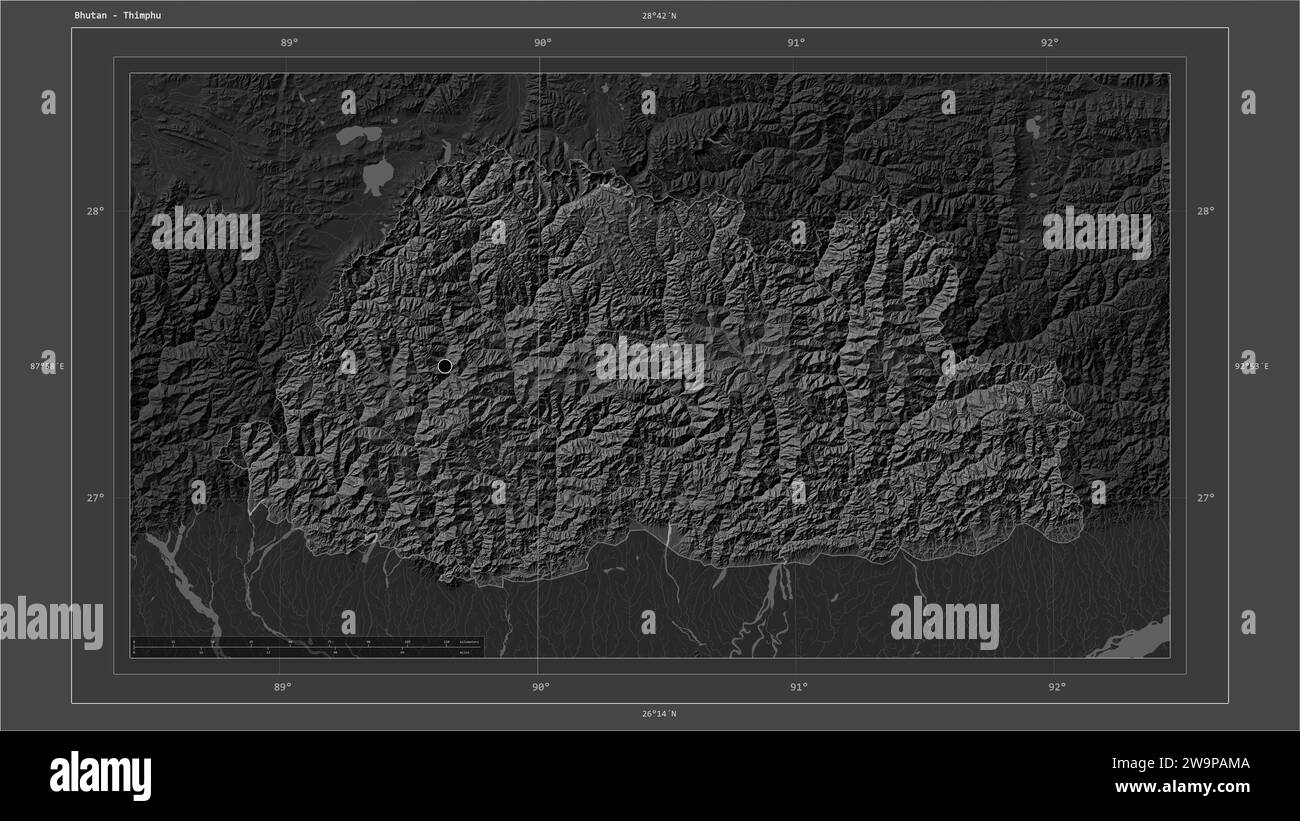Bhutan highlighted on a Bilevel elevation map with lakes and rivers map ...