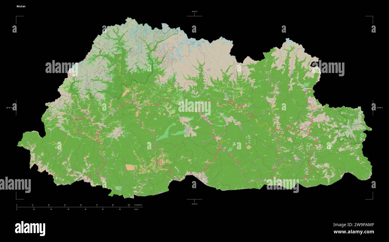Shape of a topographic, OSM France style map of the Bhutan, with ...