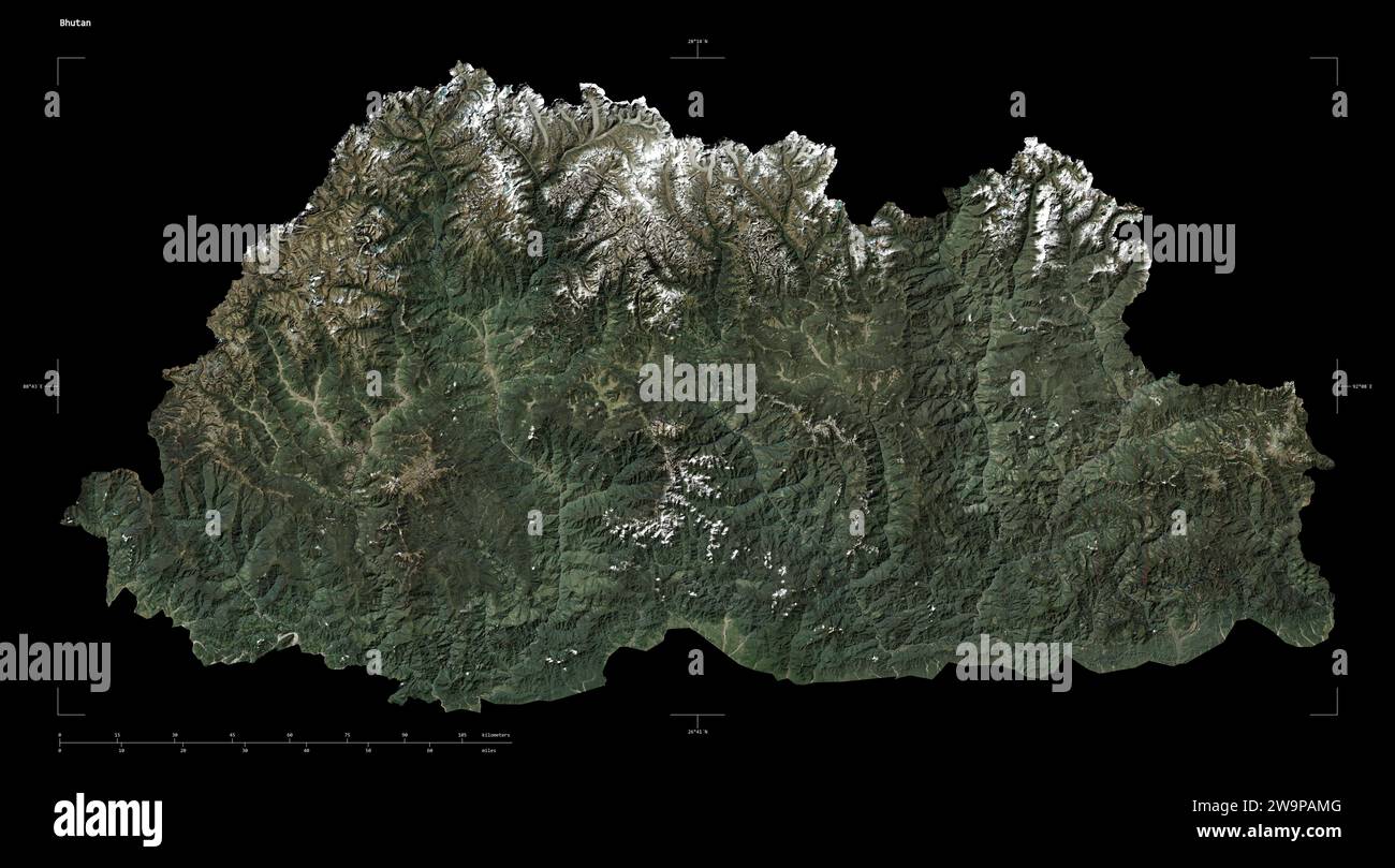 Shape of a low resolution satellite map of the Bhutan, with distance ...