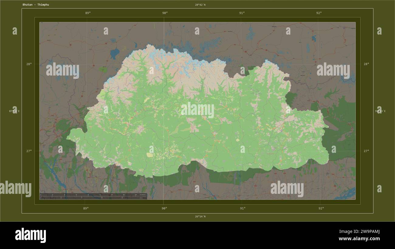 Bhutan highlighted on a topographic, OSM standard style map map with ...
