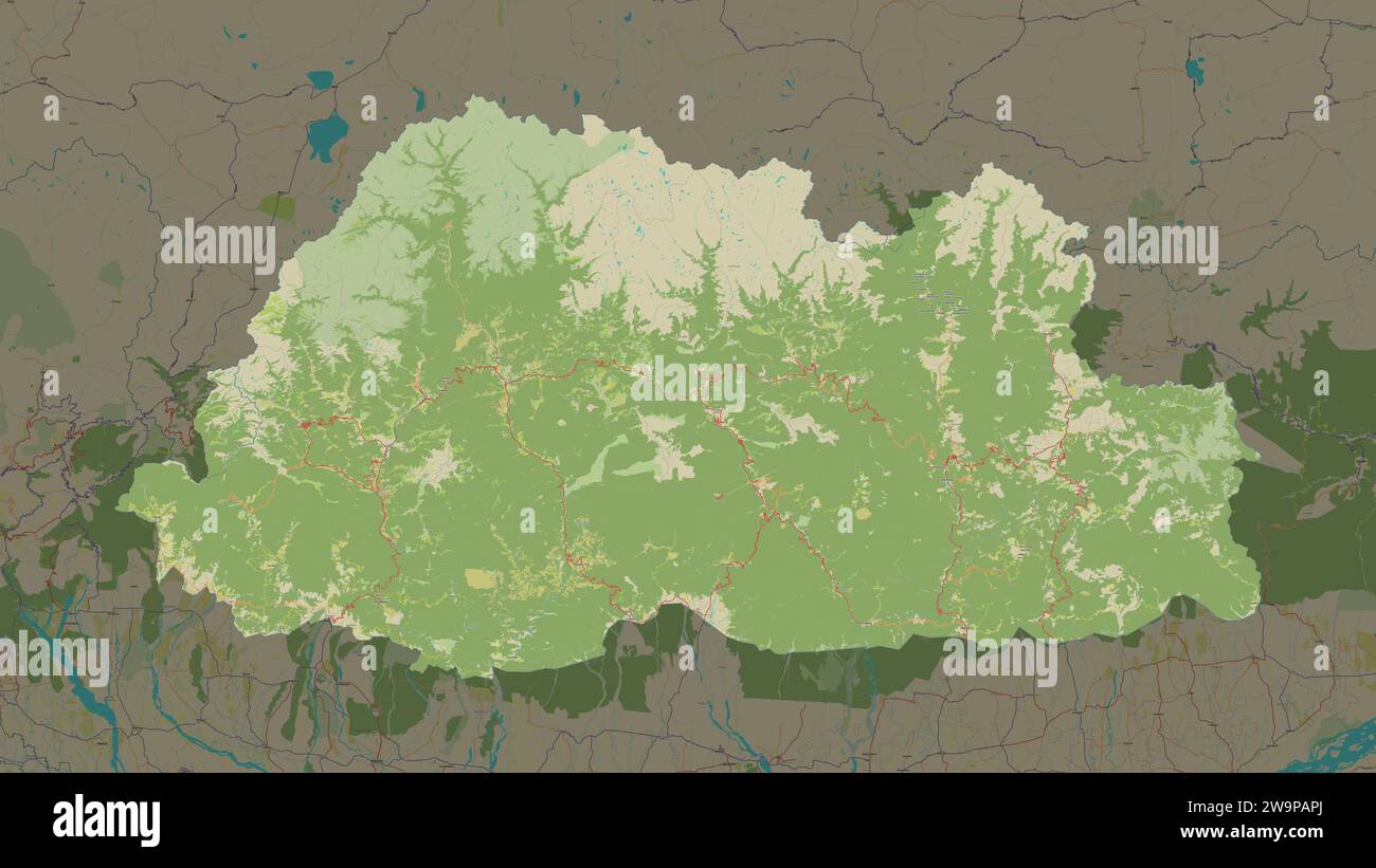 Bhutan highlighted on a topographic, OSM Humanitarian style map Stock ...