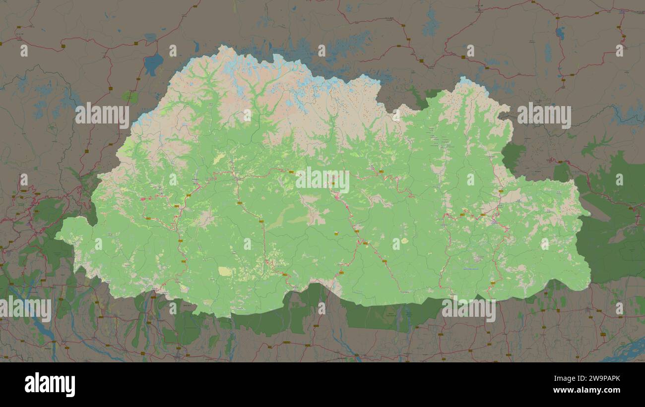 Bhutan highlighted on a topographic, OSM Germany style map Stock Photo - Alamy
