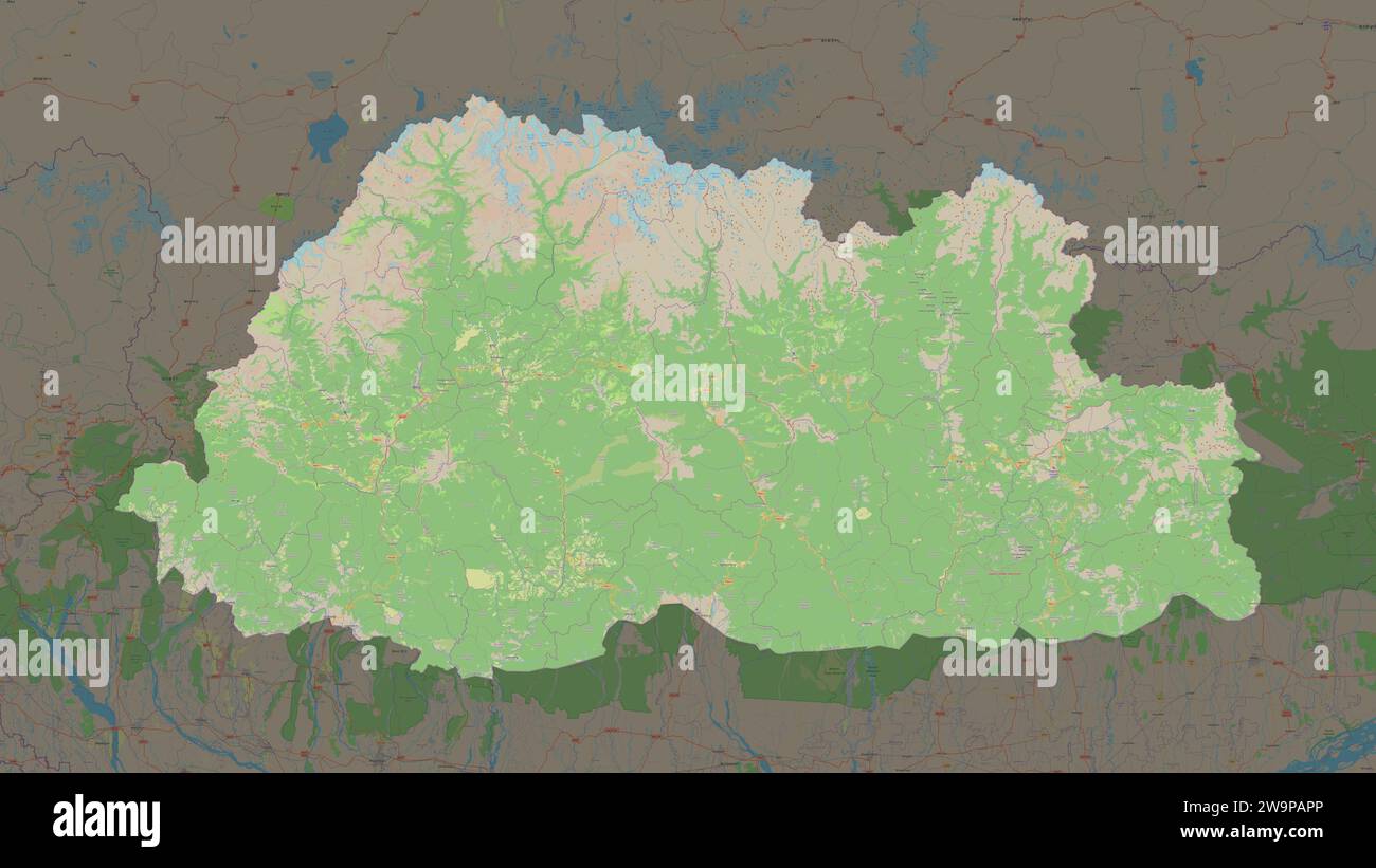 Bhutan highlighted on a topographic, OSM standard style map Stock Photo ...