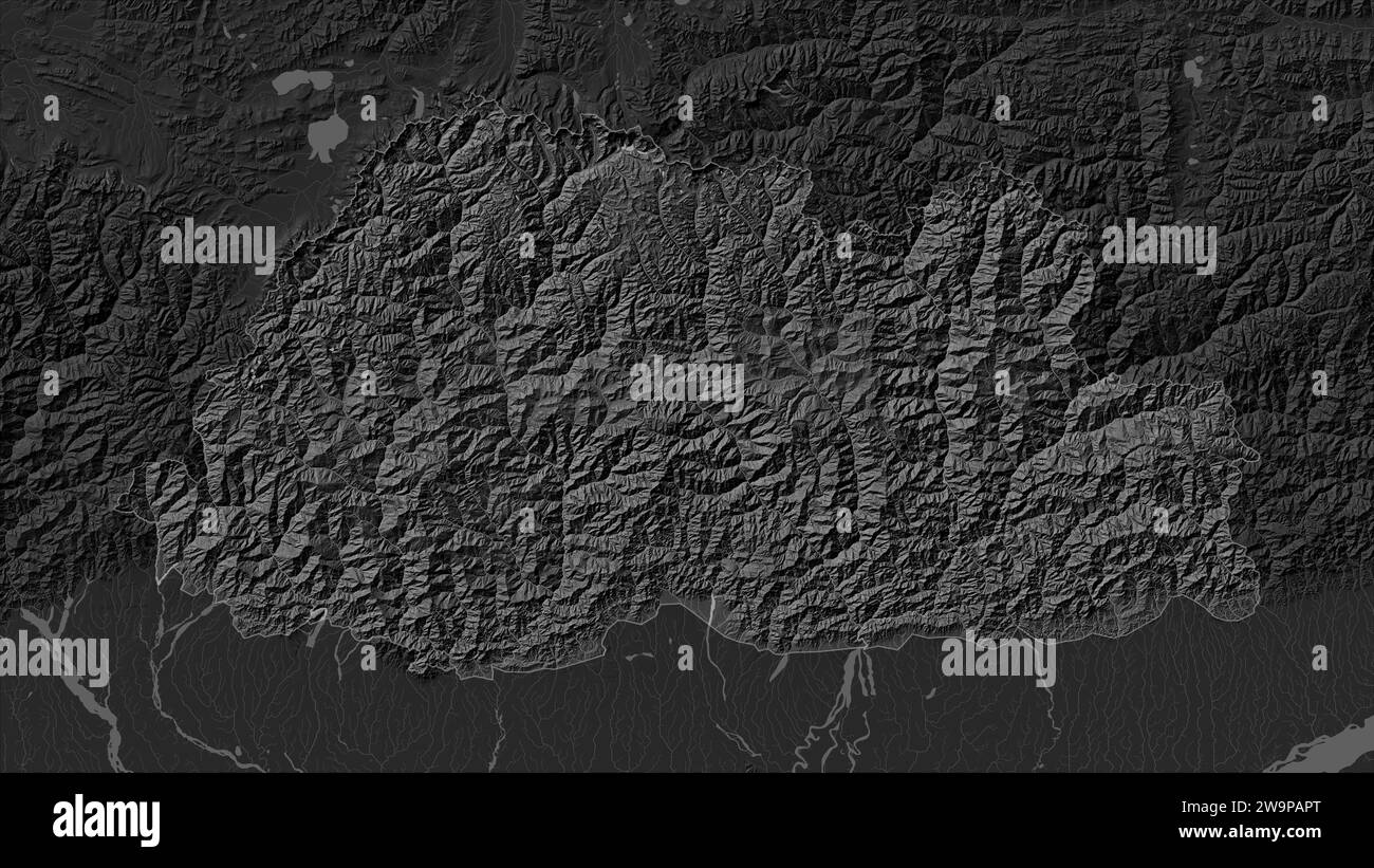 Bhutan highlighted on a Bilevel elevation map with lakes and rivers ...