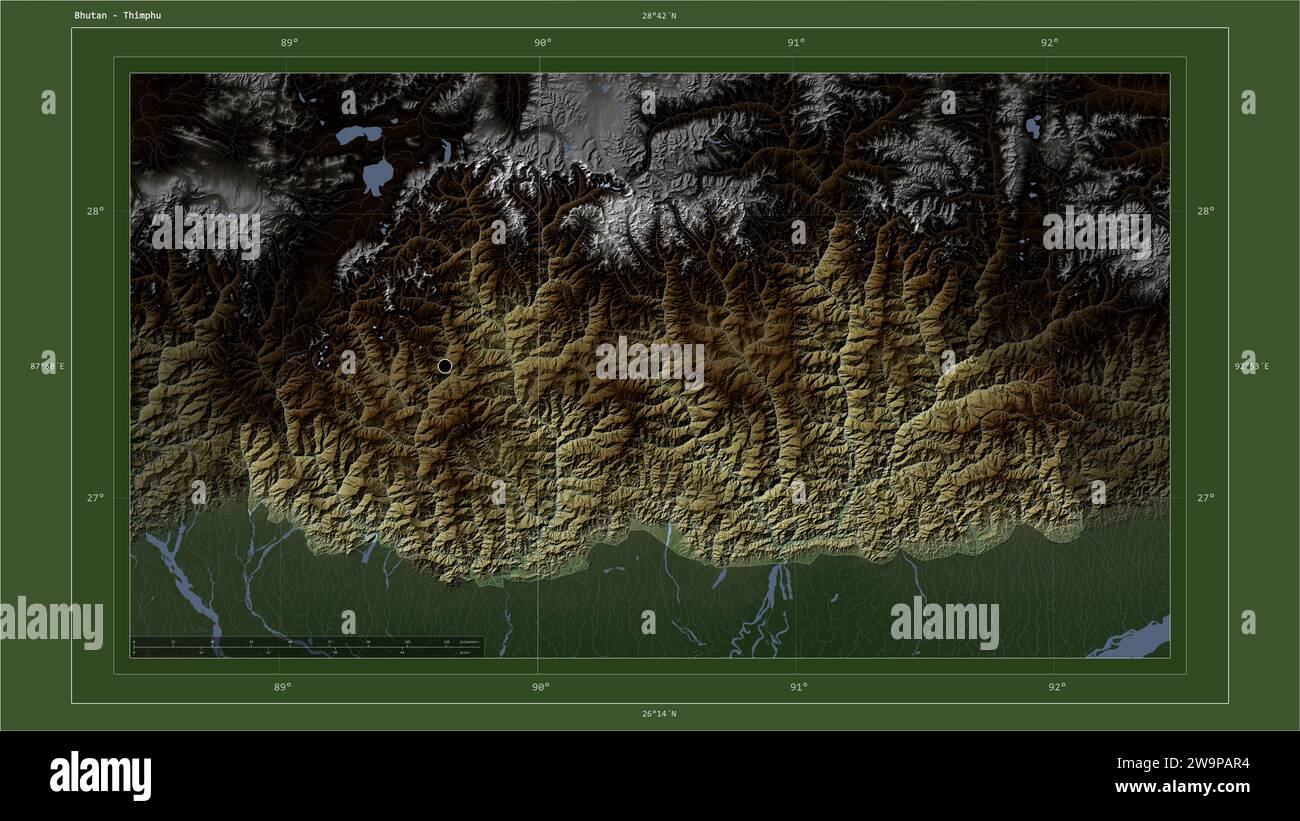 Bhutan highlighted on a Pale colored elevation map with lakes and rivers map with the country's ...