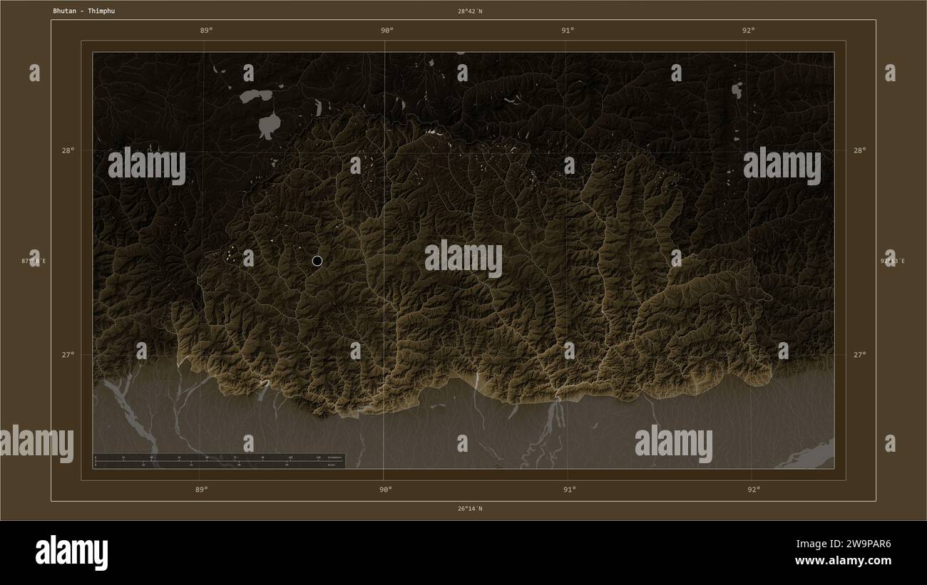 Bhutan highlighted on a elevation map colored in sepia tones with lakes ...