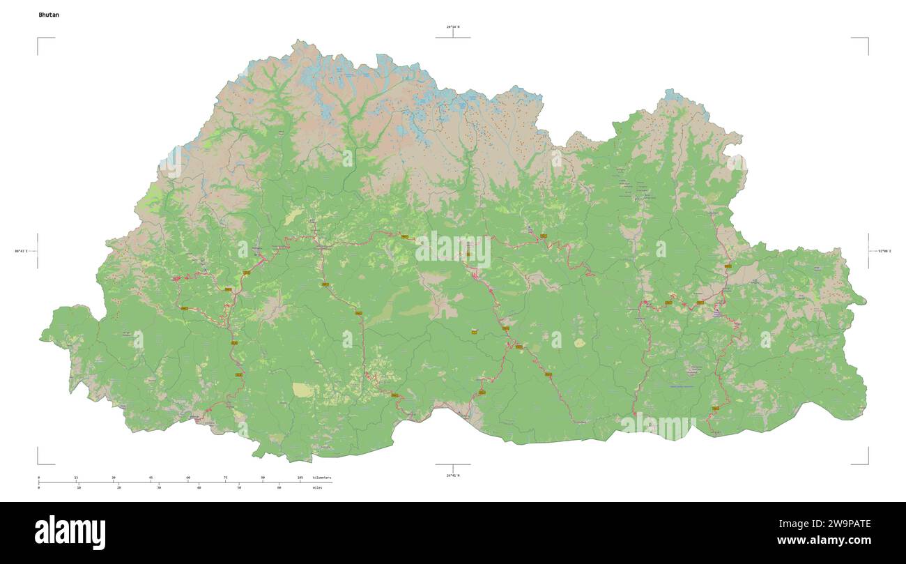 Shape of a topographic, OSM Germany style map of the Bhutan, with ...