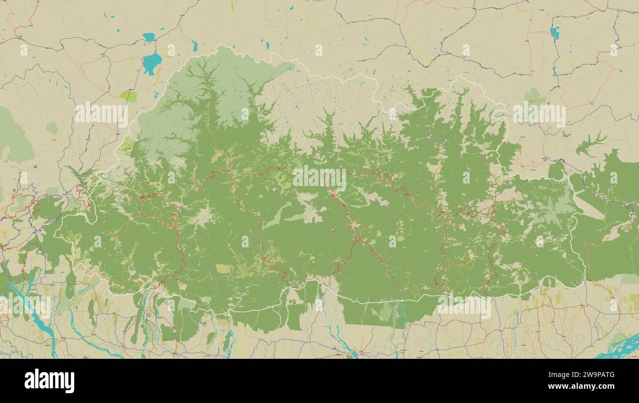 Bhutan outlined on a topographic, OSM Humanitarian style map Stock ...