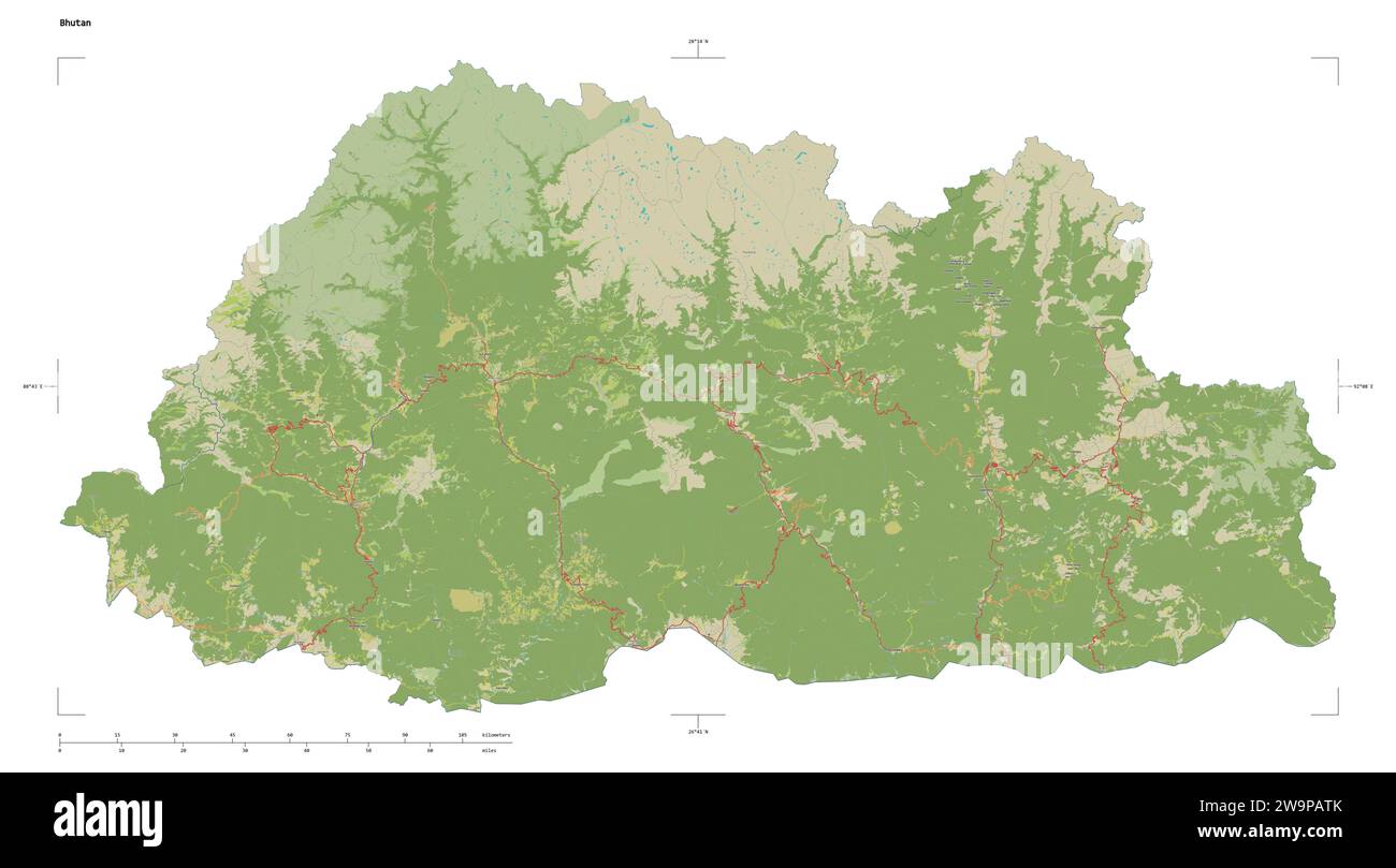 Shape of a topographic, OSM Humanitarian style map of the Bhutan, with ...