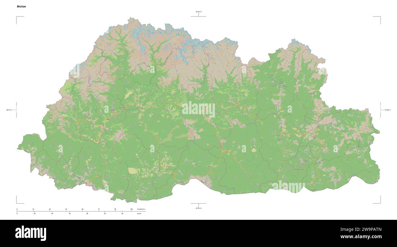 Shape of a topographic, OSM standard style map of the Bhutan, with ...