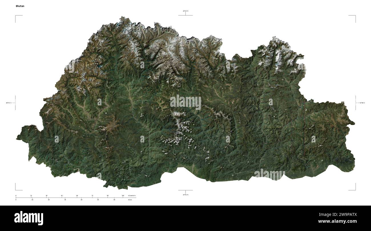 Shape of a high resolution satellite map of the Bhutan, with distance ...