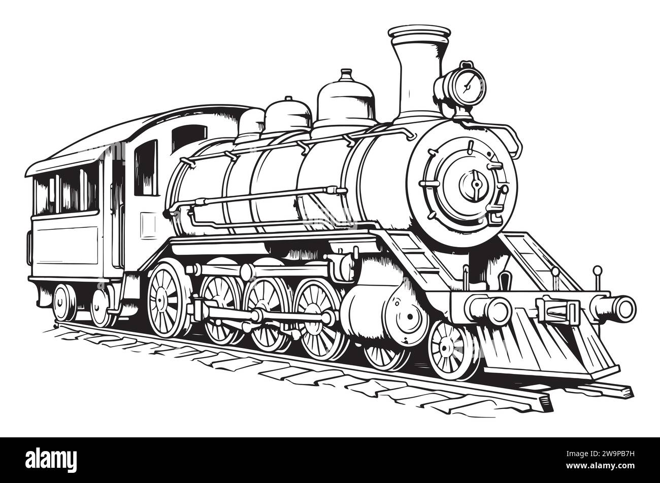 Vintage steam train locomotive, engraving style vector illustration ...