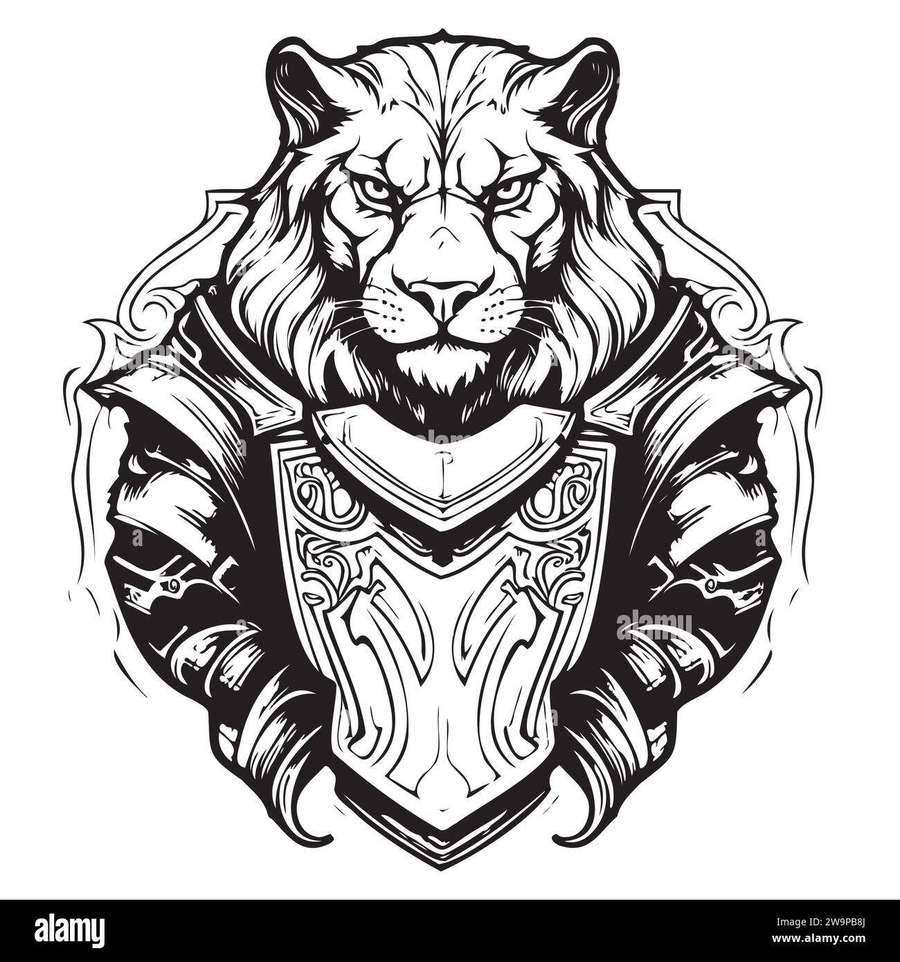 Tiger in armor simple heraldic shield - black and white vector design ...