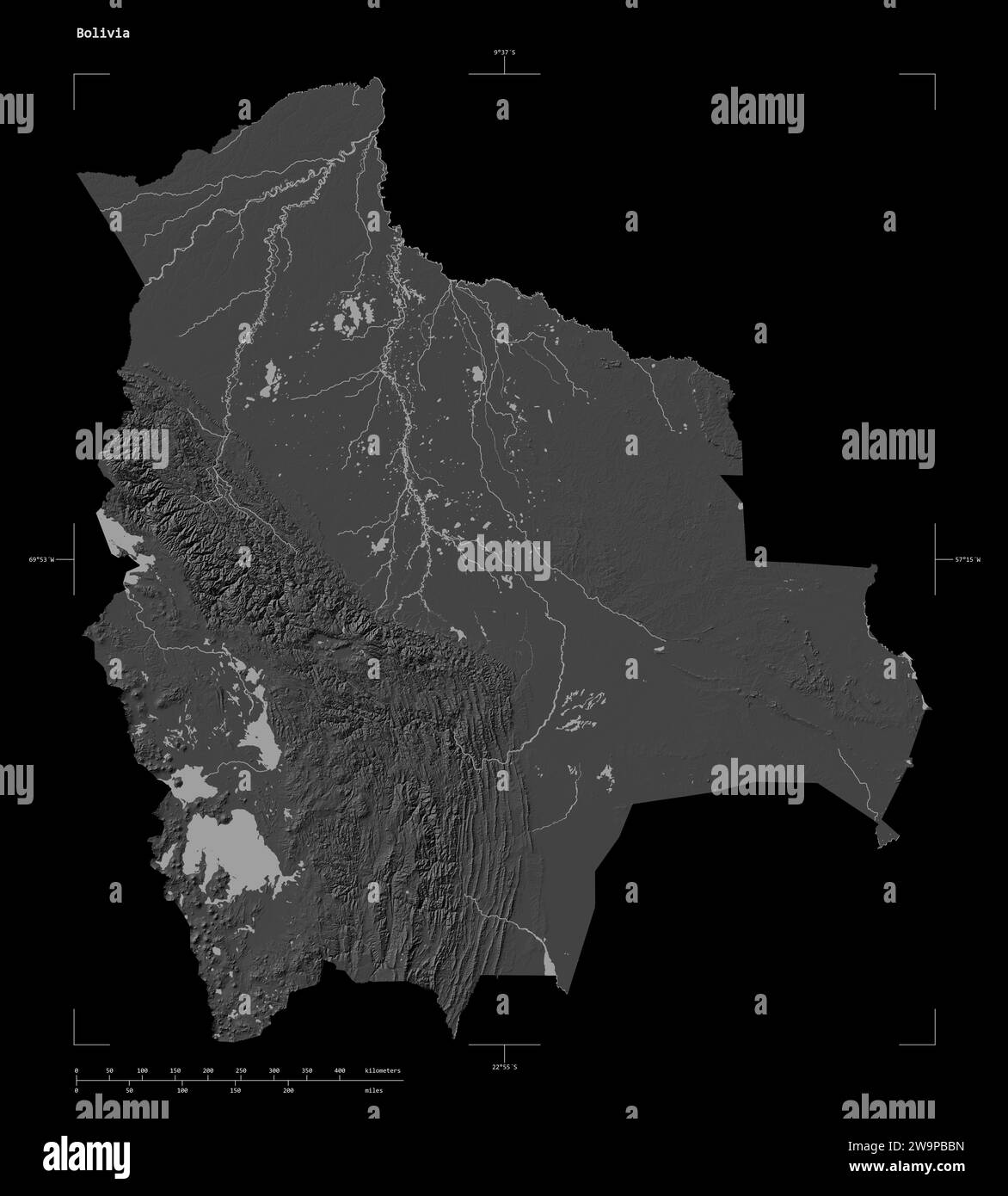 Shape of a Bilevel elevation map with lakes and rivers of the Bolivia ...