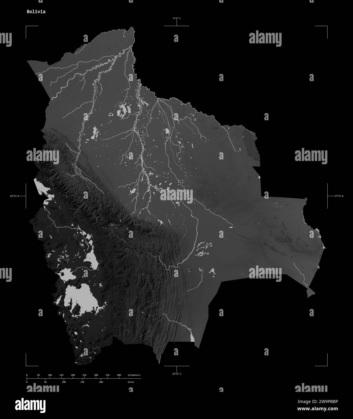 Shape of a Grayscale elevation map with lakes and rivers of the Bolivia, with distance scale and ...