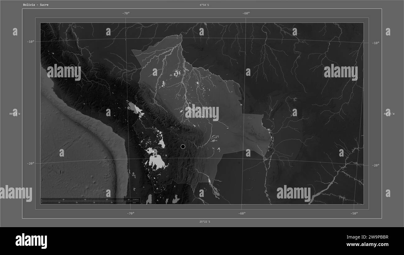 Bolivia highlighted on a Grayscale elevation map with lakes and rivers ...