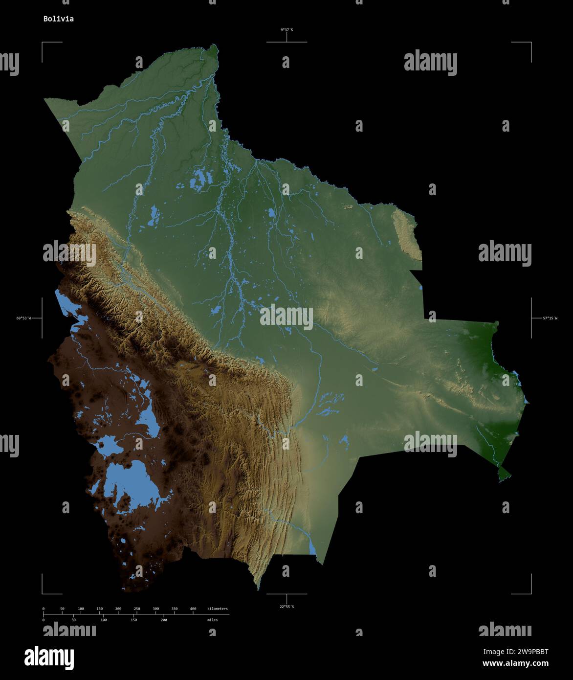 Shape of a Colored elevation map with lakes and rivers of the Bolivia ...