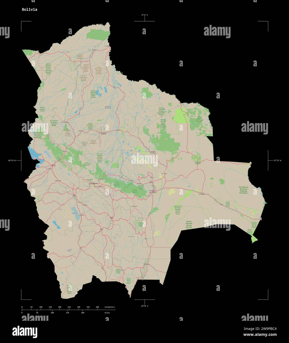 Shape of a topographic, OSM Germany style map of the Bolivia, with ...