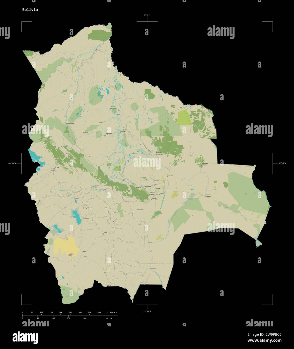 Shape of a topographic, OSM Humanitarian style map of the Bolivia, with ...