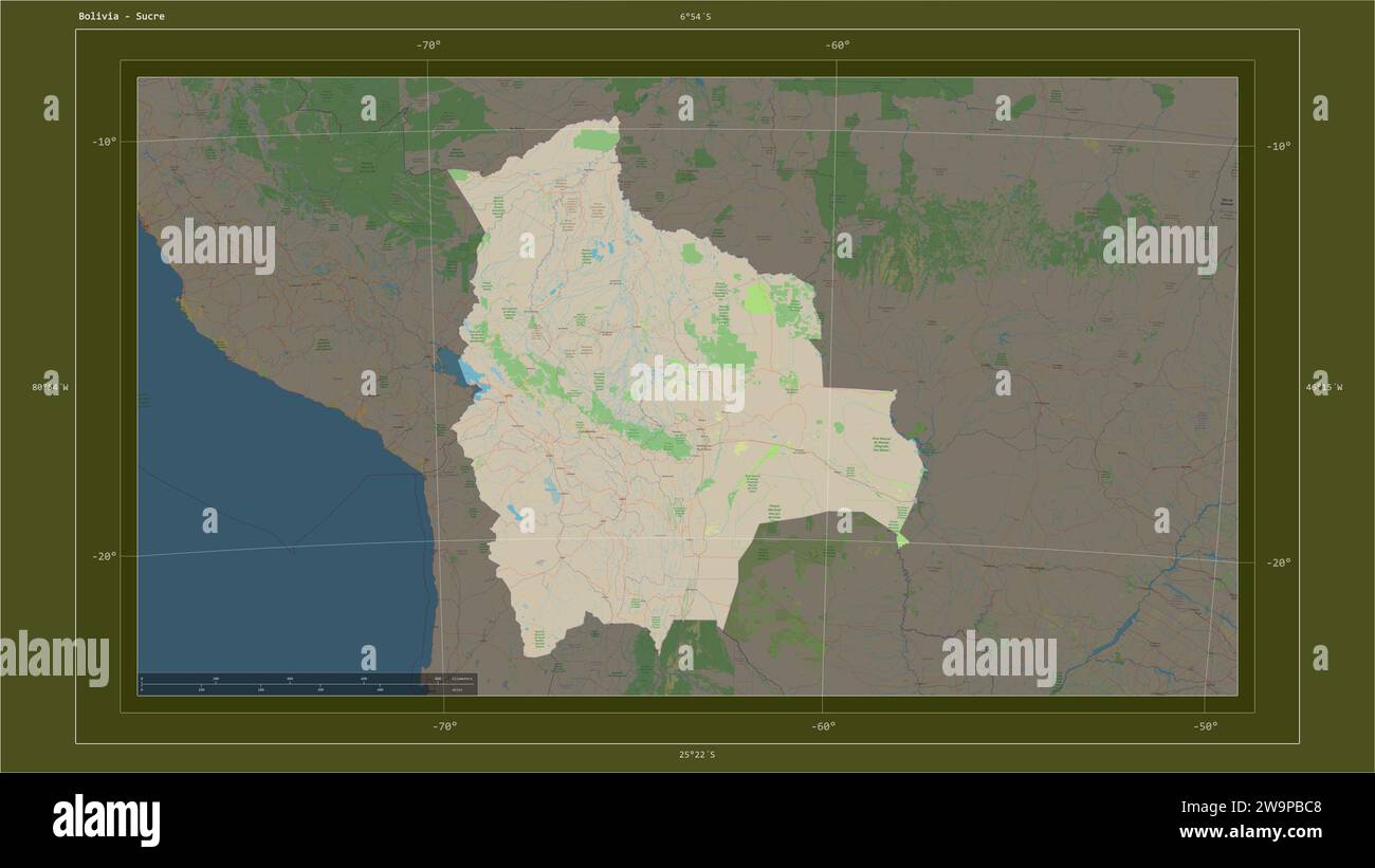 Bolivia highlighted on a topographic, OSM standard style map map with ...