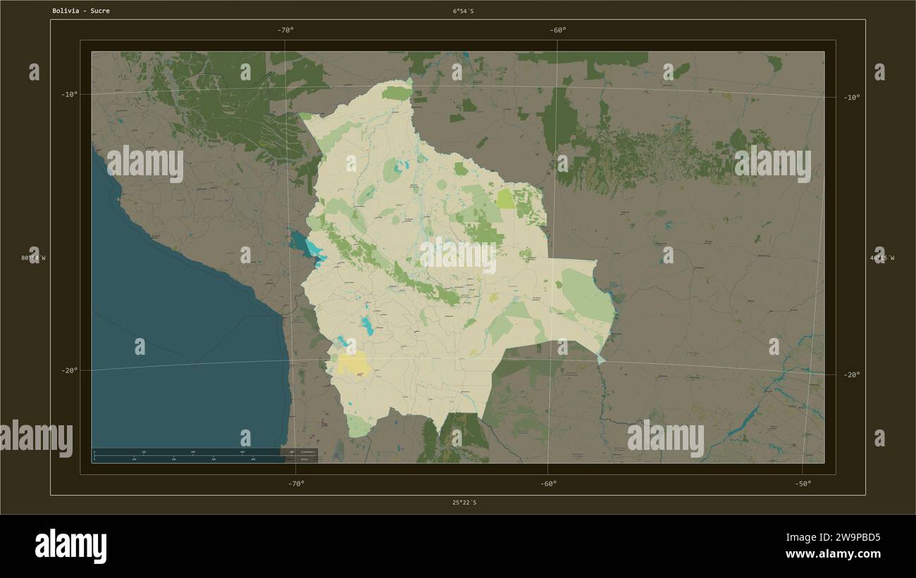 Bolivia highlighted on a topographic, OSM Humanitarian style map map ...