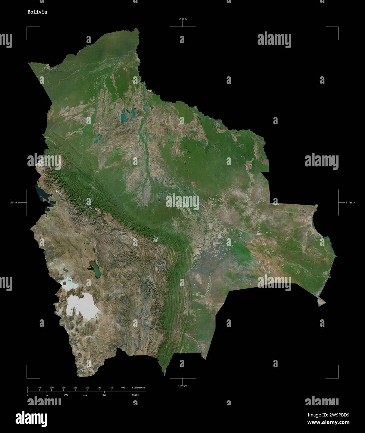 Shape of a high resolution satellite map of the Bolivia, with distance ...