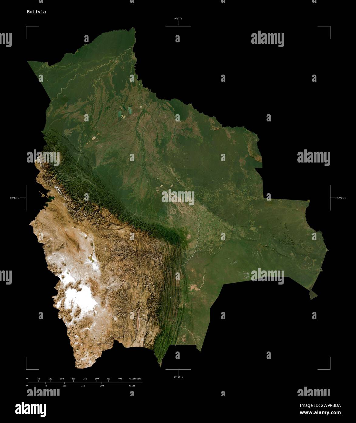 Shape of a low resolution satellite map of the Bolivia, with distance ...