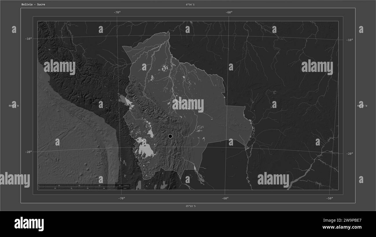 Bolivia highlighted on a Bilevel elevation map with lakes and rivers ...