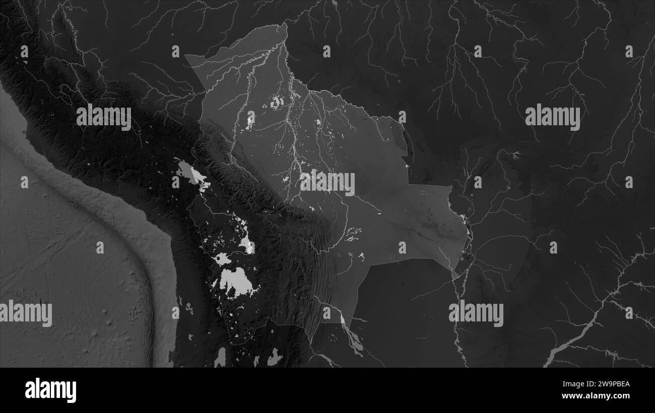 Bolivia highlighted on a Grayscale elevation map with lakes and rivers ...