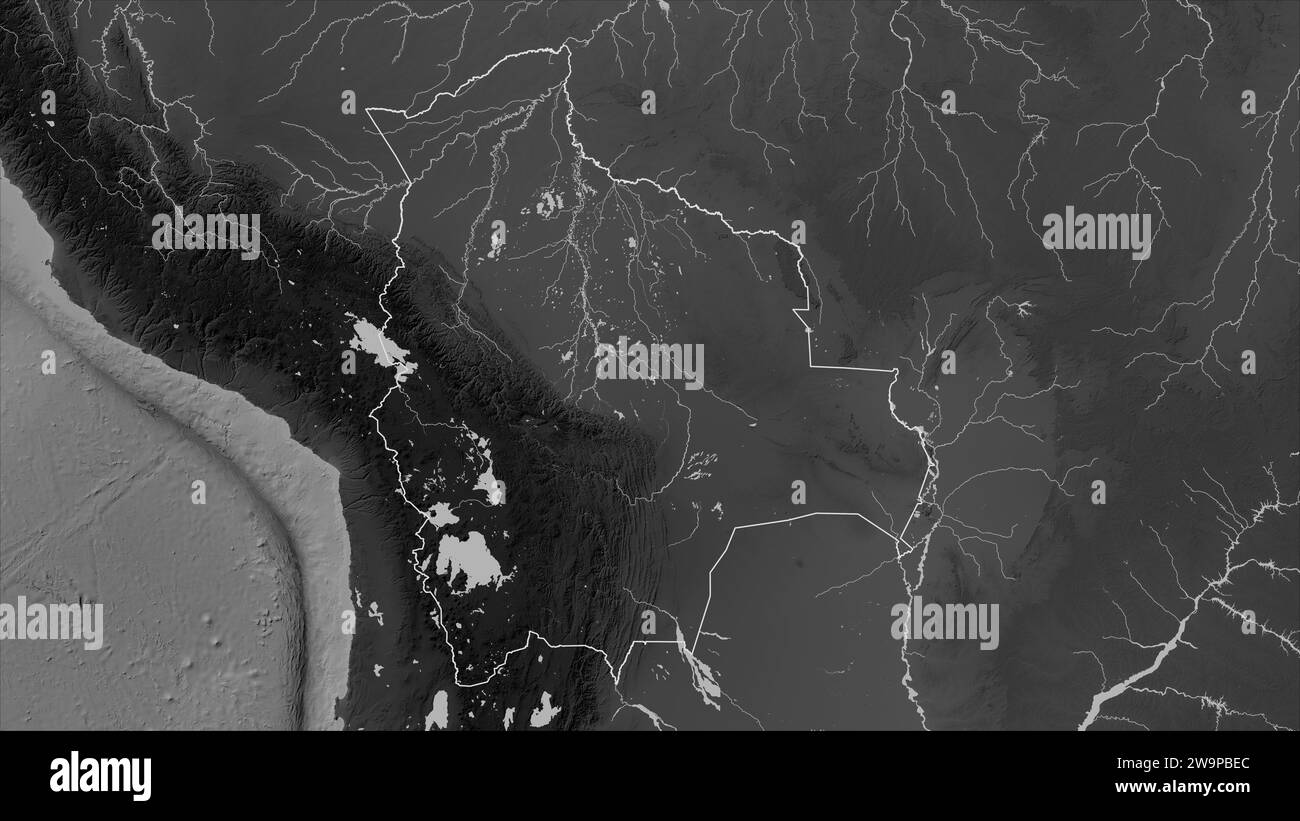 Bolivia outlined on a Grayscale elevation map with lakes and rivers ...