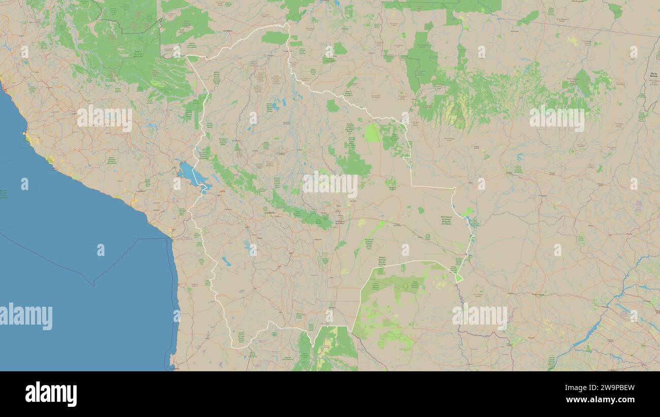 Bolivia outlined on a topographic, OSM standard style map Stock Photo ...