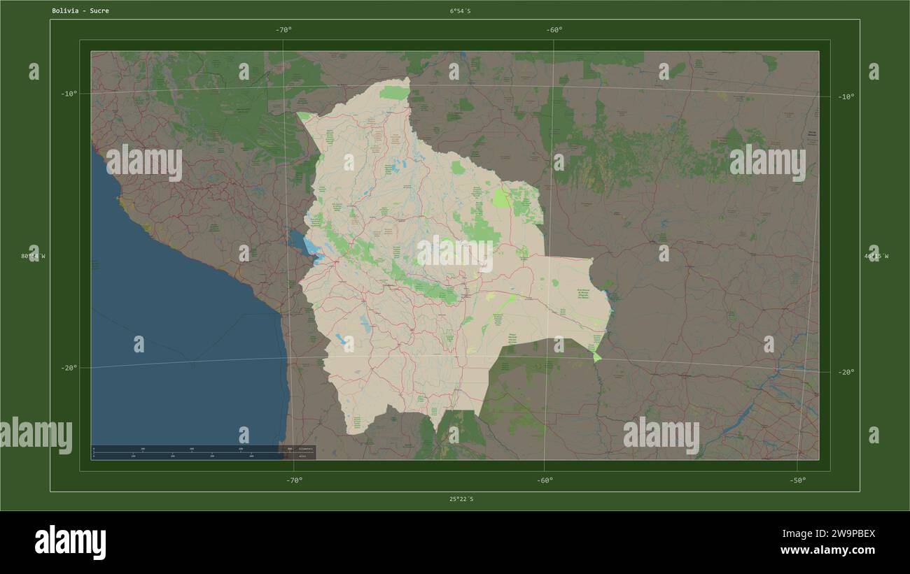 Bolivia highlighted on a topographic, OSM Germany style map map with the country's capital point ...