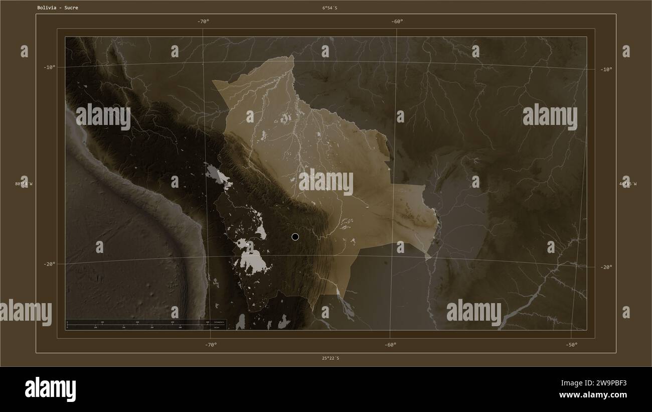 Bolivia highlighted on a elevation map colored in sepia tones with ...