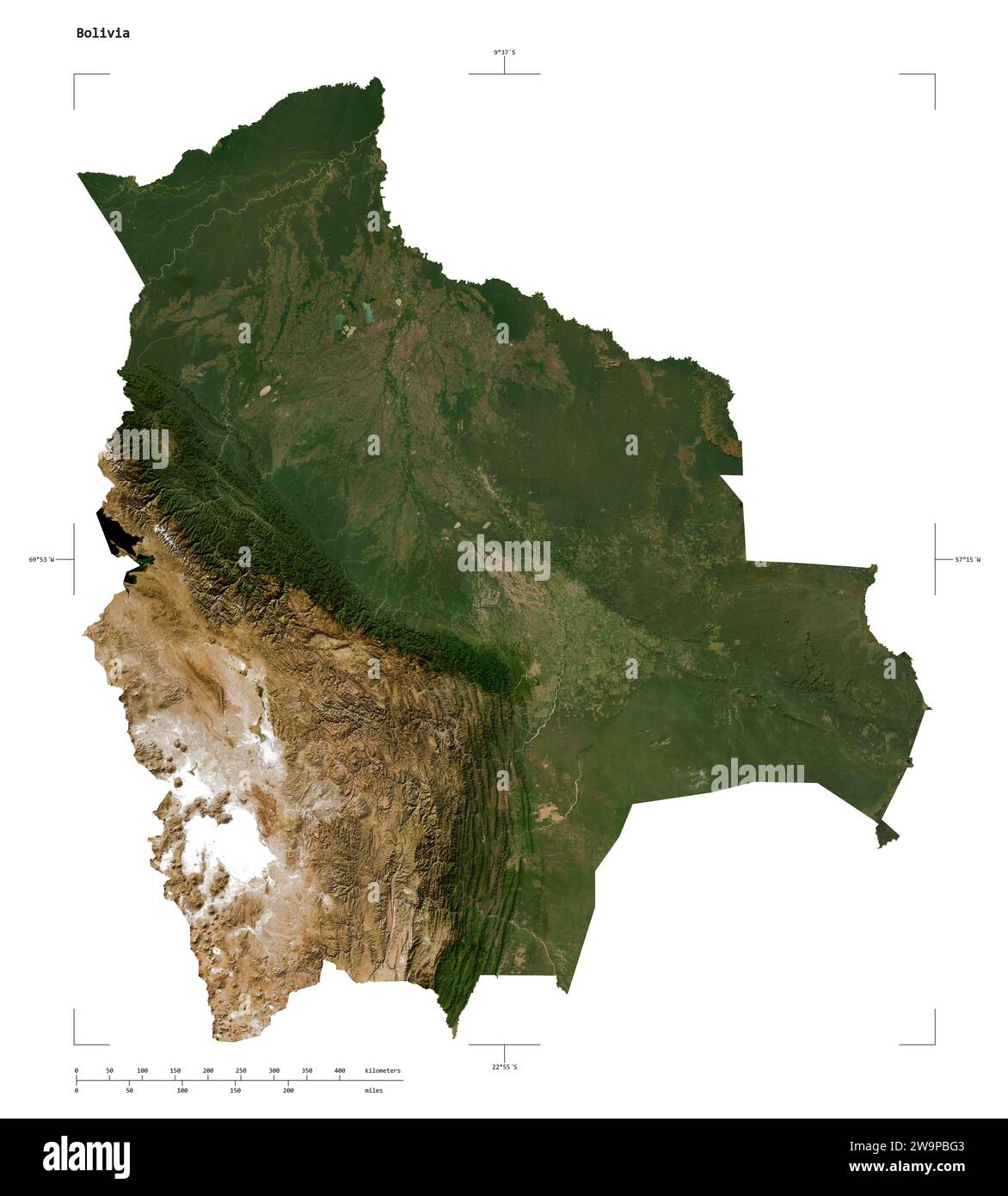Shape of a low resolution satellite map of the Bolivia, with distance ...