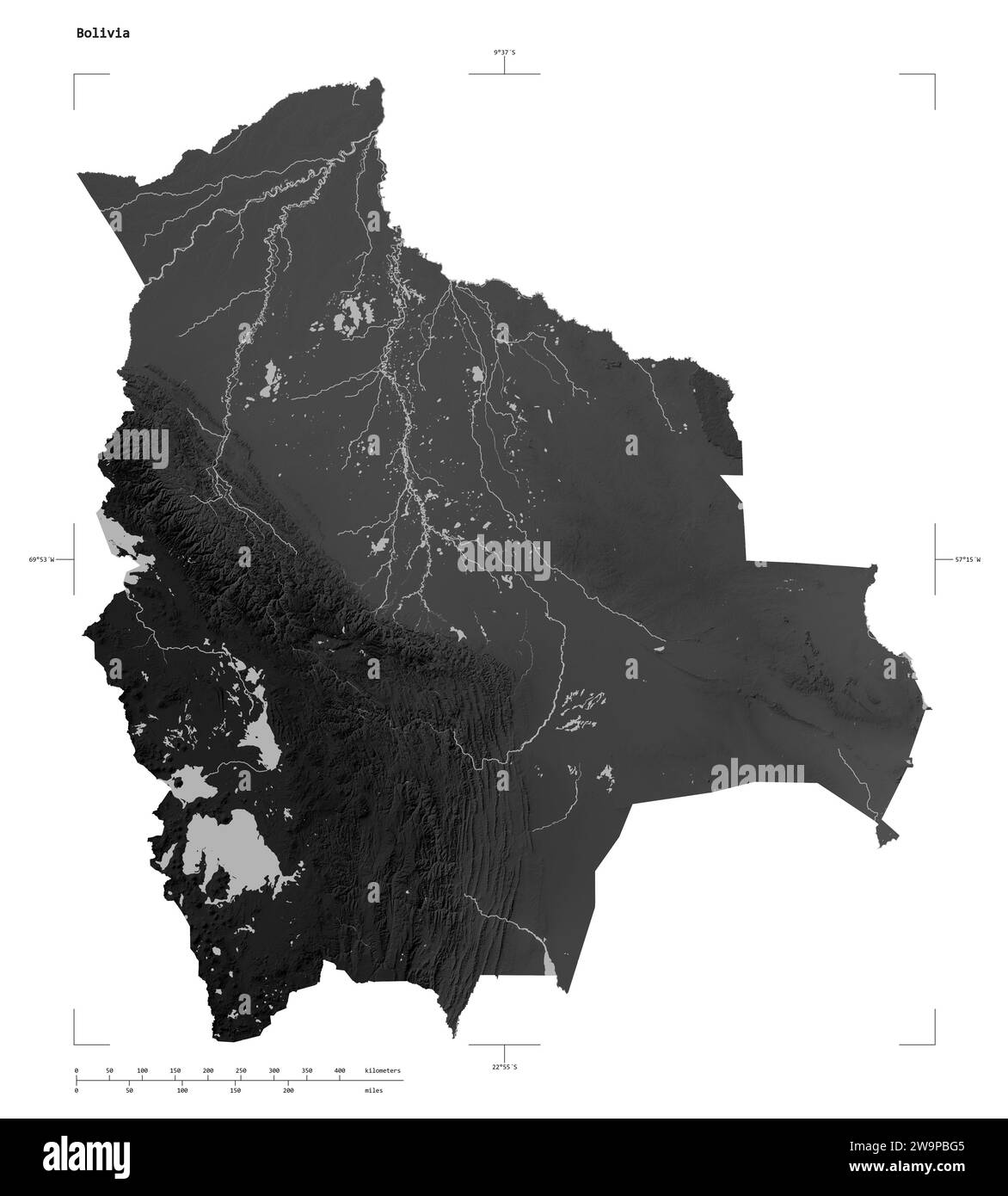 Shape of a Grayscale elevation map with lakes and rivers of the Bolivia, with distance scale and ...