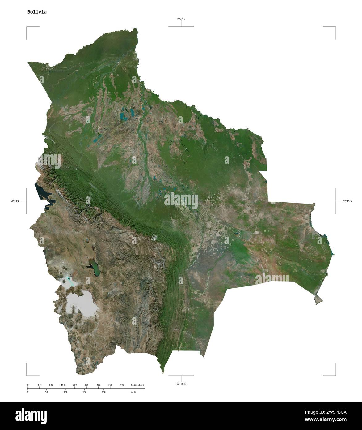 Shape of a high resolution satellite map of the Bolivia, with distance ...