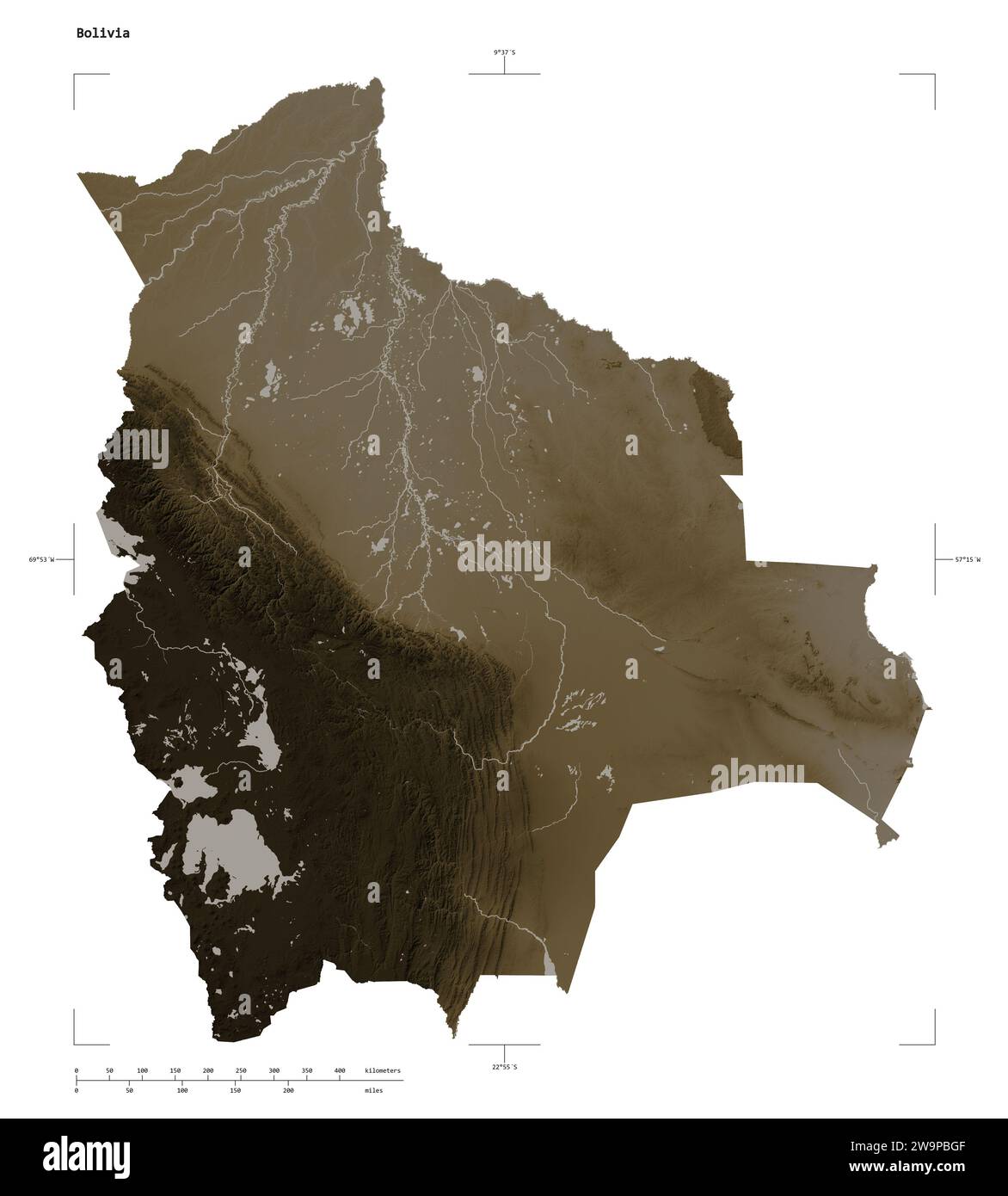 Shape of a elevation map colored in sepia tones with lakes and rivers ...