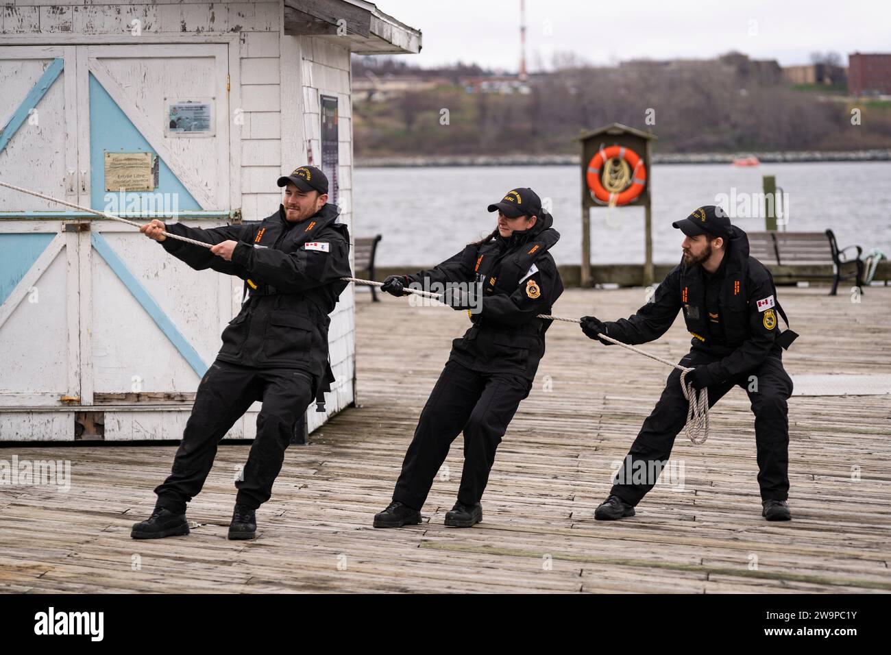 Sailors of the Royal Canadian Navy assist in bringing the preserved ...