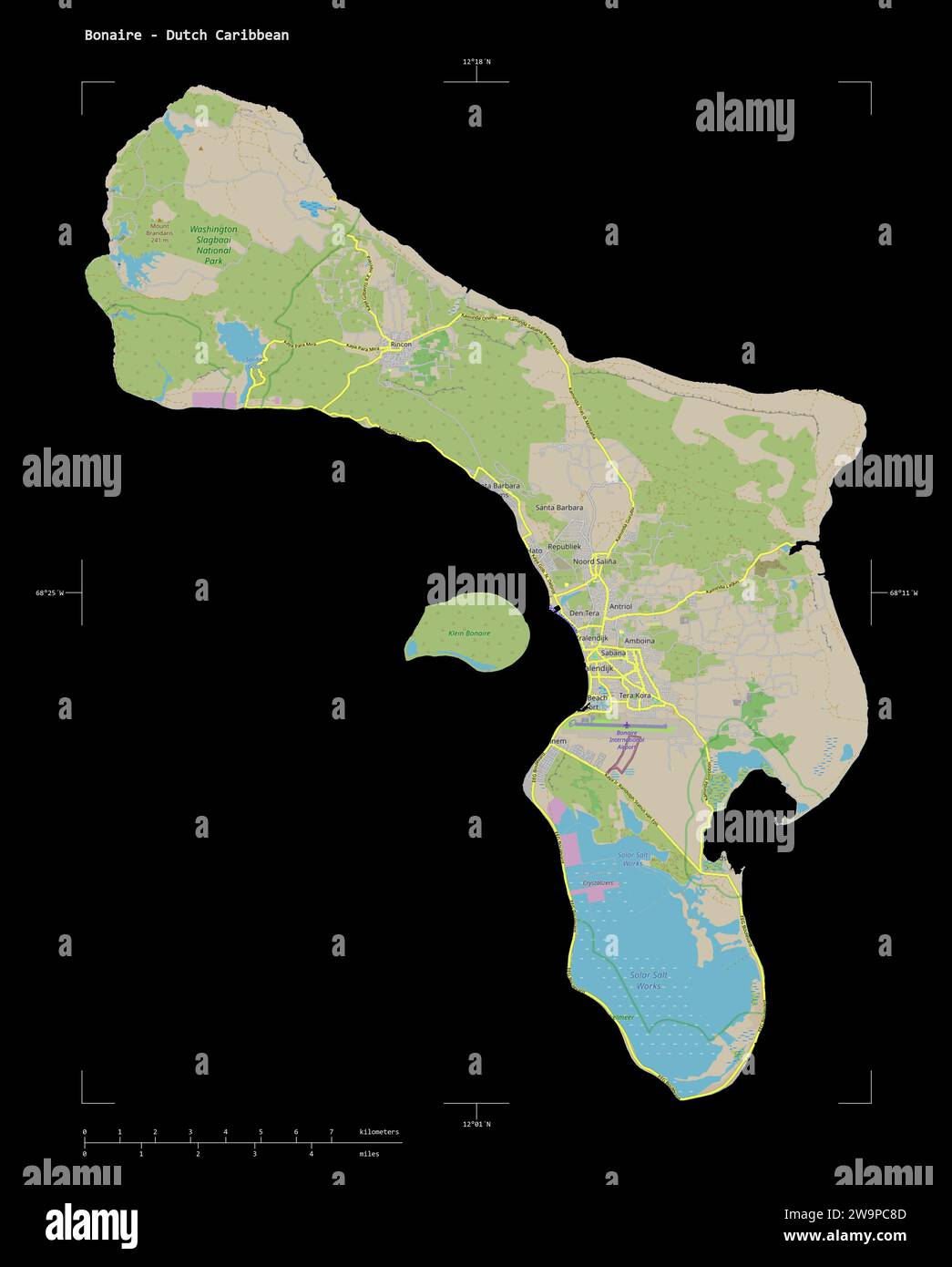 Shape of a topographic, OSM standard style map of the Bonaire - Dutch Caribbean, with distance ...